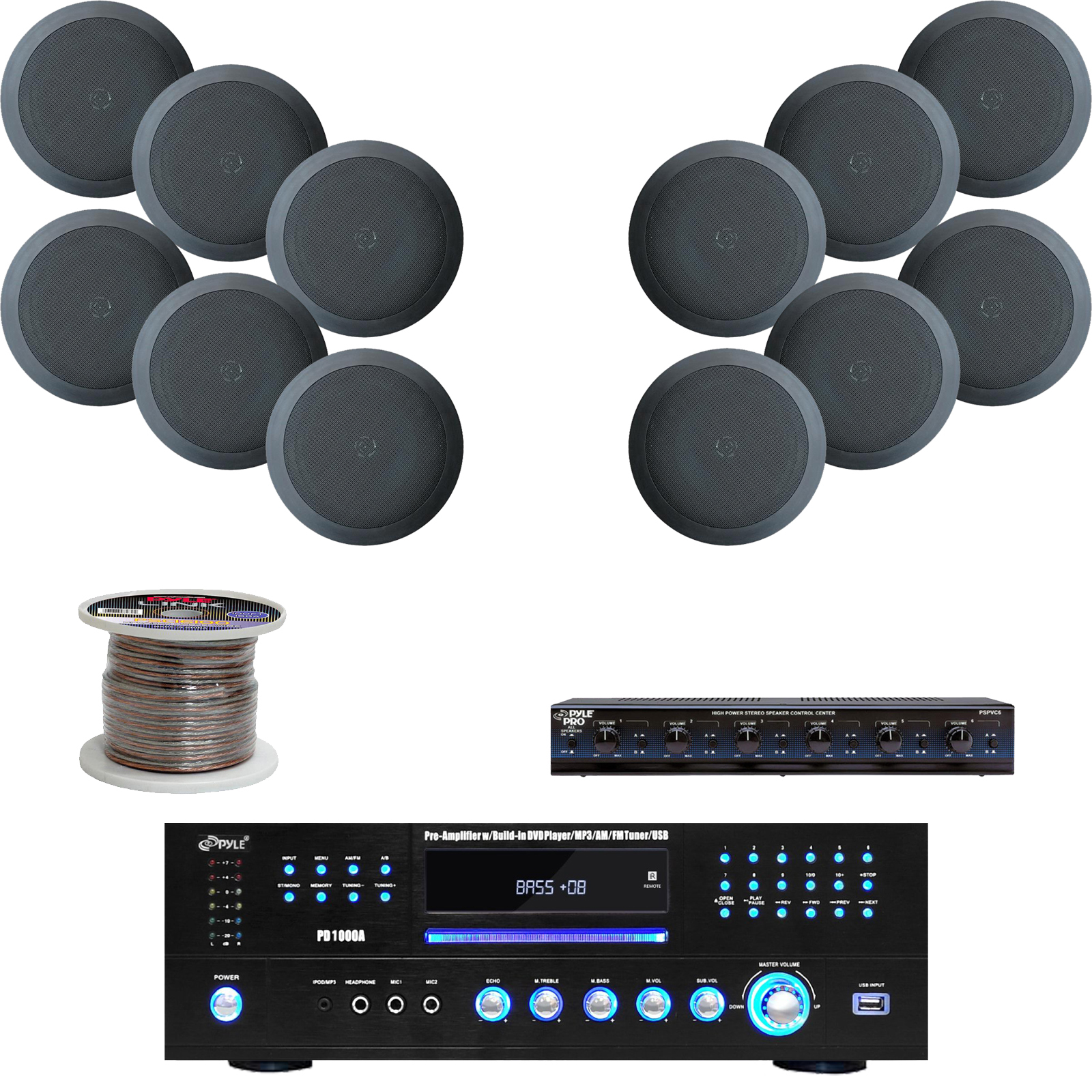 Pyle PRJS56W 5.25 In-Ceiling Black Speakers,PD1000A DVD USB Receiver ...